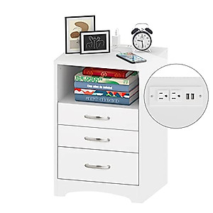 White Nightstand with Charging Station, Nightstands and Modern End Side Table with 3 Drawer, Wooden Cabinet Stand by Sofa, Bedside Tables for Bedroom with USB Ports Outlet & Open Storage