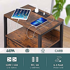 Yoobure Nightstand with Charging Station, Small Night Stand with Fabric Drawers and Storage Shelf for Bedrooms, Small Spaces, Bedside Table with USB Ports & Outlets