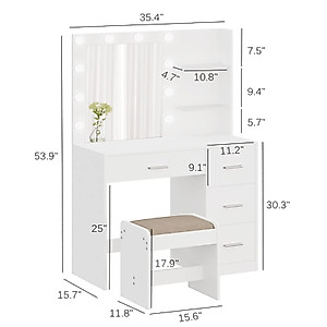 Rovaurx Makeup Vanity Table Set with Lighted Mirror, Makeup Vanity with Storage Shelf and 4 Drawers, Bedroom Dressing Table, Cushioned Stool & 10 LED Lights, White RSZT104WD