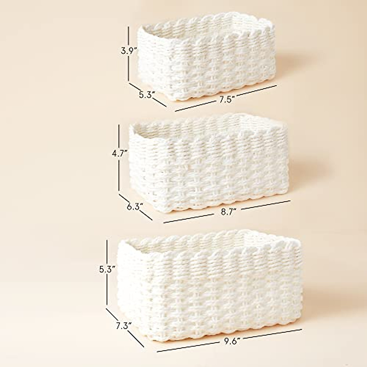 LA JOLIE MUSE Woven Storage Baskets for Organizing, Recycled Paper Rope Basket Bin Divider for Makeup Towel Shelf Cupboards Drawer Closet Dresser, Decorative White Storage Basket Set of 3