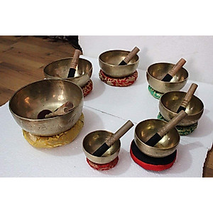 Set of 7 pieces ~ Hand Hammered Yoga Meditation Bowls 5"-10" included 7 Mallets, 7 cushions & 1 drum stick.