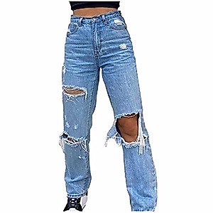 Fujiuia Pocket Jeans Waist Denim Elastic Hole Women Loose Trousers Button High Pants Pants Cute Jean Dress for Women