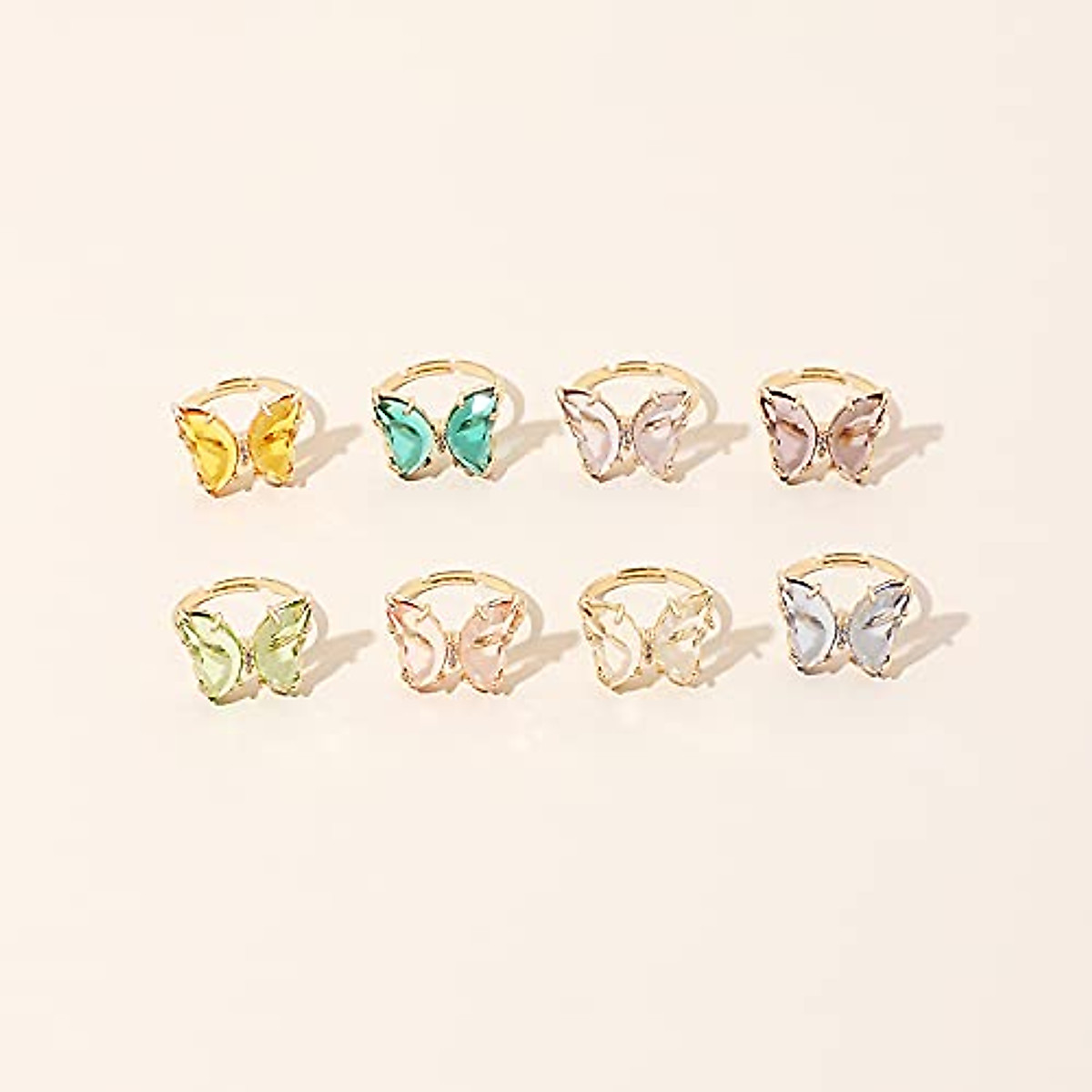 8 Pcs Gold Plated 3D Butterfly Rings Acrylic Adjustable Open Colorful Crystal Bowknot Shaped Band Rings for Women Finger Jewelry (transparent)