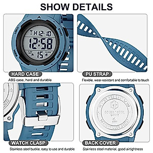 GOLDEN HOUR Mens Waterproof Digital Sport Watches Wide Screen Easy Read Display Military Style with Blue Rubber Strap