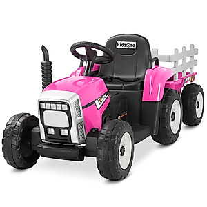 Kidzone 12V 7AH Treaded Tires with Dual 25W Motors Remote Control Battery Powered Electric Tractor with Trailer Toddler Ride On Toy with 3-Gear-Shift 7-LED Lights, MP3 Audio - Pink