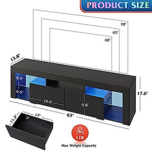 WLIVE LED TV Stand for 60/65/70 Inch TV, Entertainment Center with Open Shelves, TV Console with 2 Storage Drawers for Bedroom, Living Room, Media Stand with Display Glass, Black