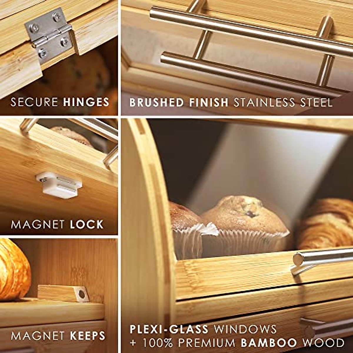 Arise Stylish Bamboo Bread Box for Kitchen Countertop, Extra Large 2-Shelf Wooden Bread Storage with Clear Windows and Air Vents Keeps Bread, Bagels and Rolls Fresh, Self Assembly