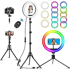 10.2" Selfie Ring Light with Stand and Phone Holder, Desk Tripod, 29 RGB Lighting Modes, Remote for iPhone &Android Camera. LED Halo Light for Photo, Video Recording, TikTok. Circle Ringlight Dimmable