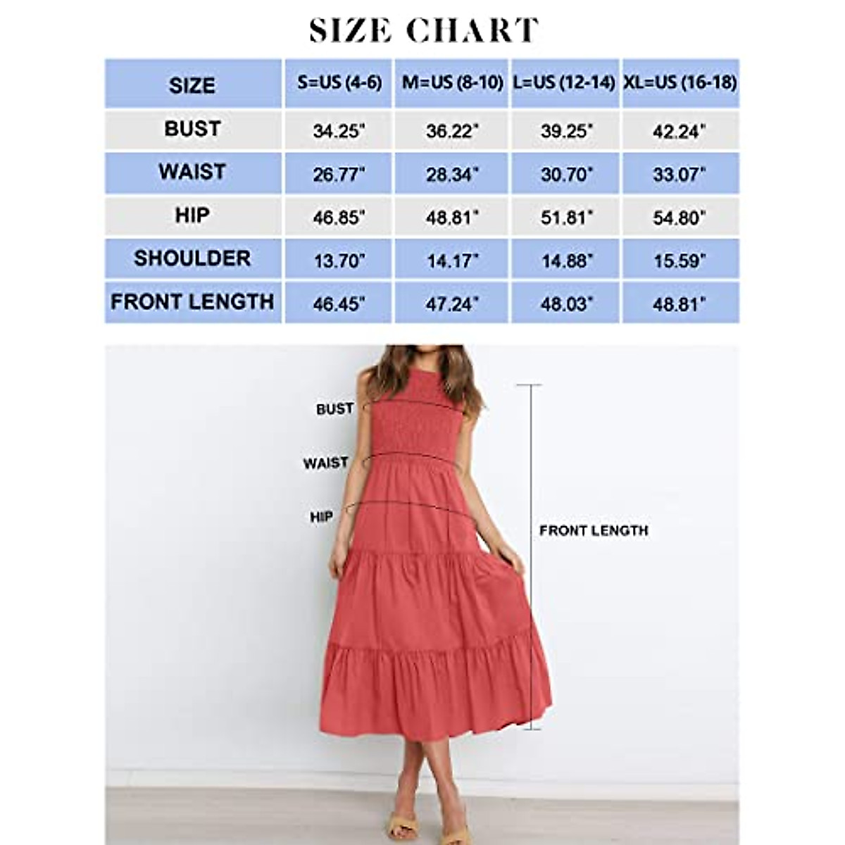 ZESICA Women's 2023 Summer Casual Sleeveless Crew Neck Smocked High Waist Flowy Tiered A Line Midi Dress,Watermelon,Medium