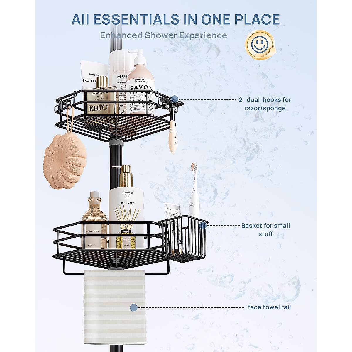 SEIRIONE Corner Shower Caddy Tension Pole, Quick Setup, Rust-Free Bathroom Shower Organizer Corner for Bathtub Shampoo Storage, 4-Tier Adjustable Shelf, Drill Free, Fits 39 to 113 Inch Height, Black