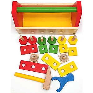 GeekHouse Tool Kit for Kids, Wooden Tool Set for Toddlers, Construction Tool Box Toy for Age 3+ Year Olds