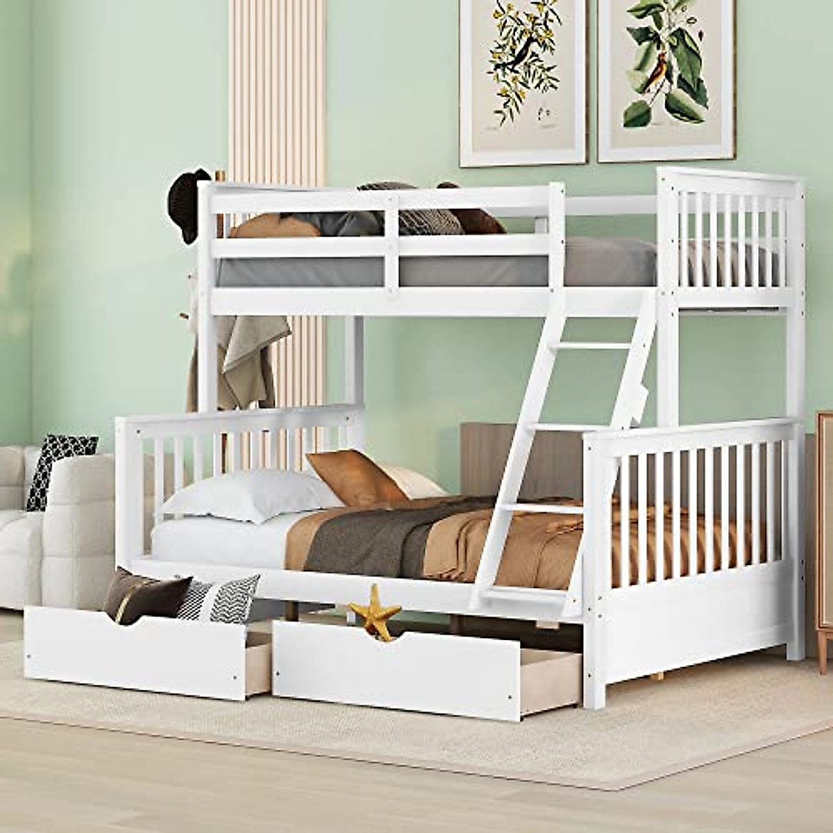 BIADNBZ Twin Over Full Bunk Bed with Two Drawers, Convertible Bunkbeds, Solid Wood Bedframe Furniture with Storage and Ladder, for Kids Teens Adults Bedroom, White