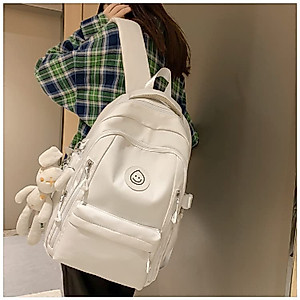 Preppy Backpack Smiling Face with Bunny Plush Cute Aesthetic Backpack Preppy Stuff Kawaii Accessories Korean College Style (White,One Size)