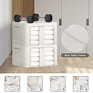 Elegeet 3Pack 66L Storage Bins with Metal Frame - Foldable Linen Fabric Storage Box With Handles And Transparent Window Closet Organizers And Storage(Grey