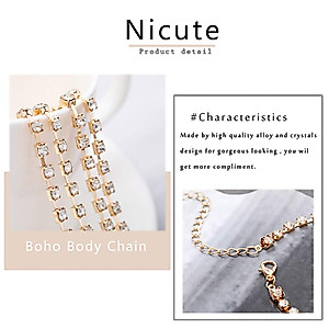 Nicute Boho Rhinestone Body Chain Crystal Bikini Bra Chains Summer Beach Body Jewelry for Women and Girls (Gold)