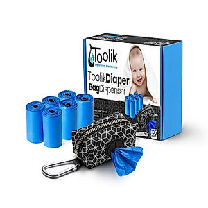 Toolik Diaper Bag Dispenser with 105 Disposable Unscented Waste Bags with 2 X-Large Stroller Organizer Hook Clips for Hanging Diaper Bags, Bundle