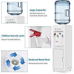 GOFLAME Water Cooler Dispenser Top Loading, Water Dispenser with Hot & Cold Water, Storage Cabinet, Child Safety Lock, Holds 3-5 Gallon Bottles for Home Office Dorm