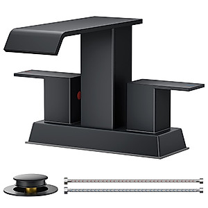 FORIOUS Square Waterfall Black Bathroom Faucets 3 Hole or 2 Hole, Centerset Bathroom Sink Faucet 4 Inch with Metal Pop Up Drain and Hose, Matte Black Faucet for Bathroom Sink Vanity RV 2 Handle