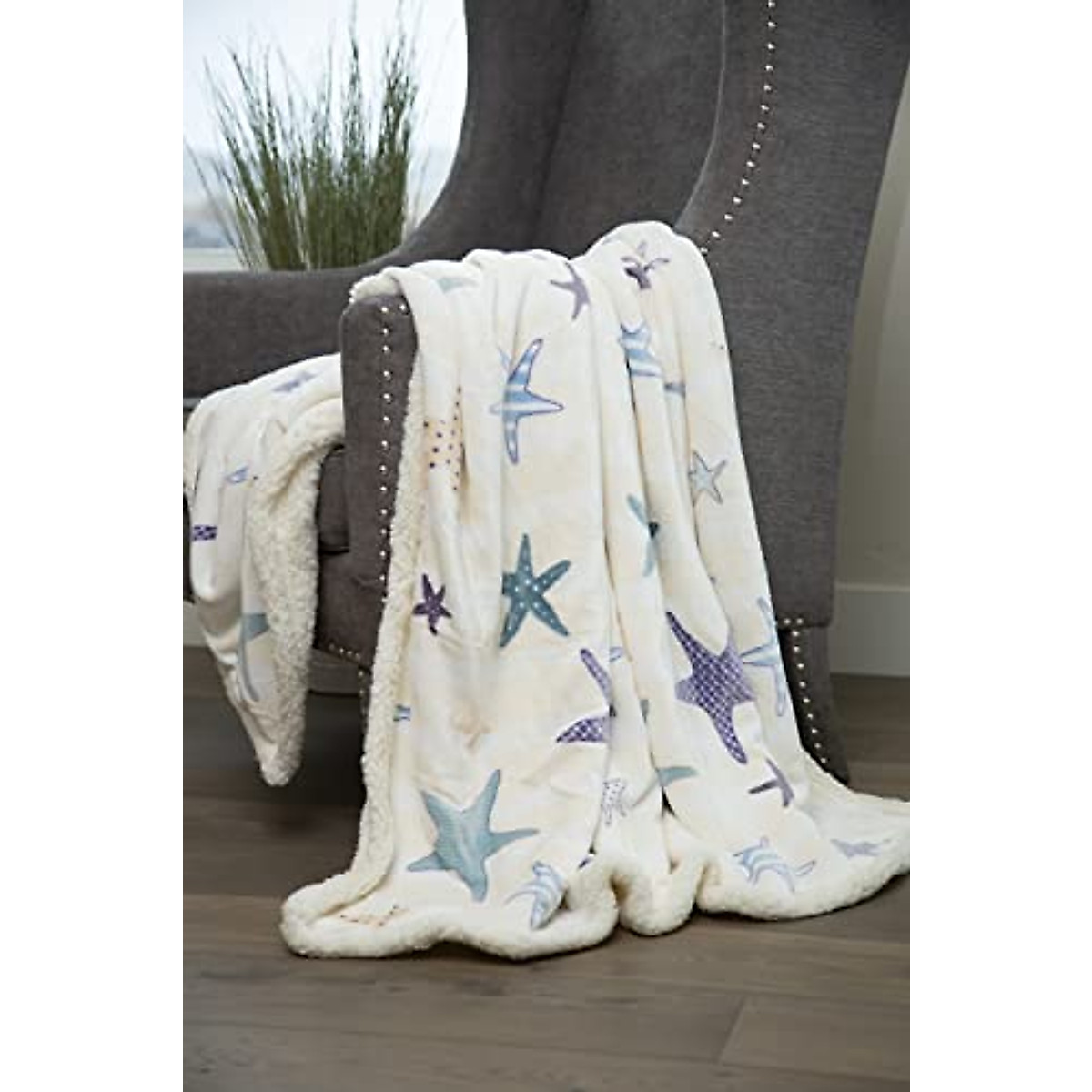 Carstens Starfish Coastal Plush Sherpa Throw Blanket 54" x 68", White