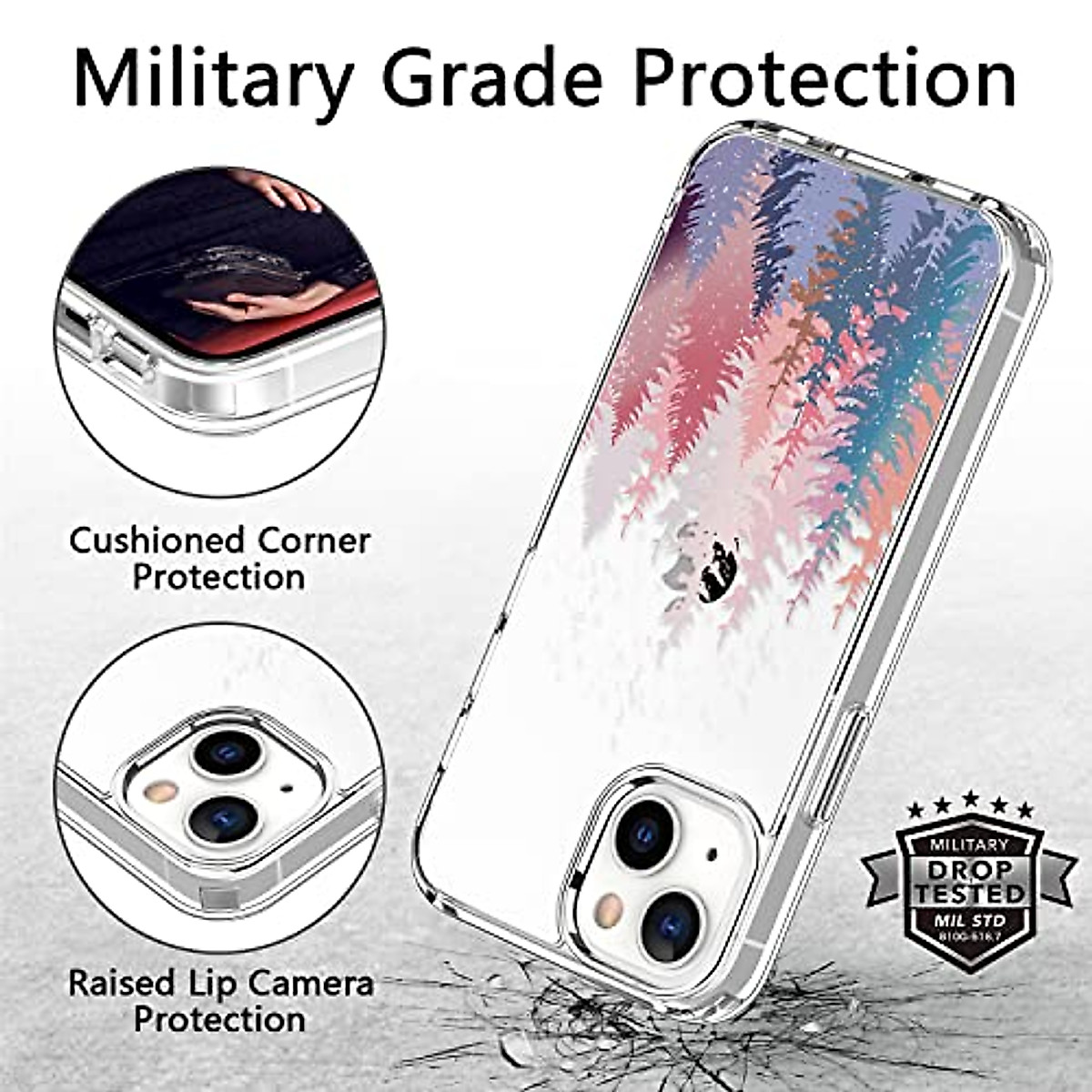 ICEDIO for iPhone 14 Case with Screen Protector - Clear with Fashionable Trendy Patterns-Designed for Girls and Women - Slim Fit Cover - Protective Phone Case 6.1” - Cute Trees Floral Flower