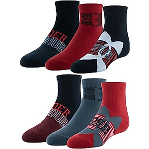 Under Armour Youth Essential Lite Quarter Socks, 6-Pairs , Red/Pitch Gray/Black , Small
