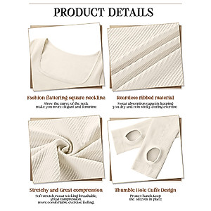 3 Pack Ribbed Seamless Long Sleeve Crop Tops Square Neck Cropped Top Set for Women Workout Gym Yoga (Black, Reddish Brown, Beige, Large)