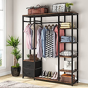 Tribesigns Freestanding Closet Organizer with 2 Drawers, 59 inch Heavy Duty Clothes Garment Rack with Shelves and Double Hanging Rod, Metal Clothing Rack Wardrobe for Bedroom, Rustic Brown