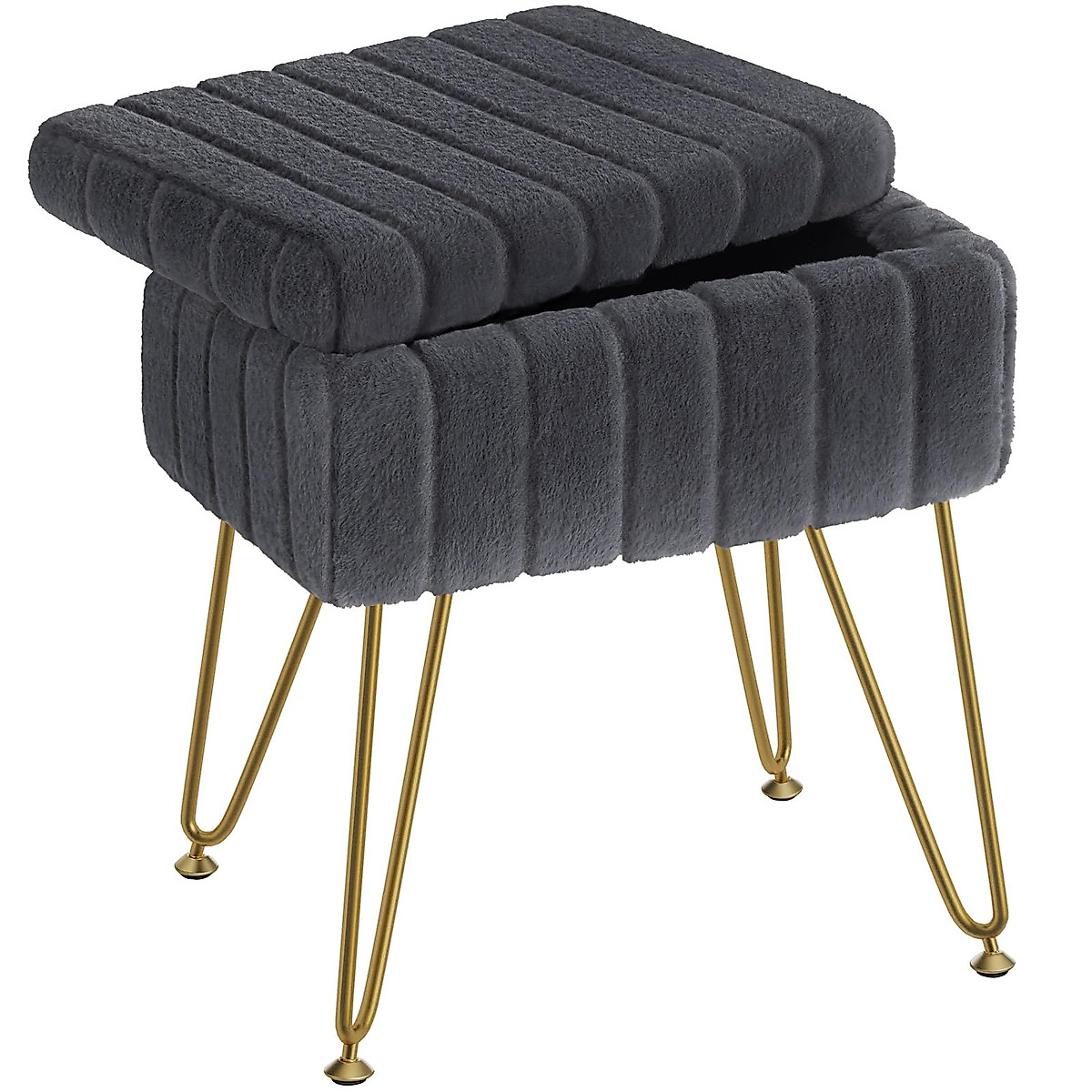 Greenstell Vanity Stool Chair Faux Fur with Storage,15.7"L x 11.8"W x 19.4"H Soft Ottoman 4 Metal Legs with Anti-Slip Feet, Furry Padded Seat, Modern Multifunctional Chairs for Makeup, Bedroom Grey