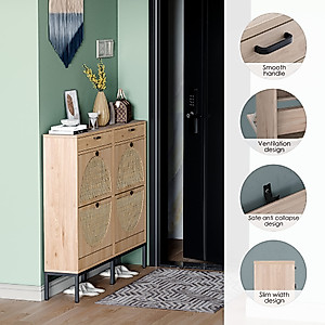 Yechen Shoe Rack Storage Organizer with 2 Natural Semi-Circular Rattan Doors, Entryway Wooden Shoe Cabinet for Sneakers, Leather Shoes, High Heels, Slippers (1 Piece, Oak)