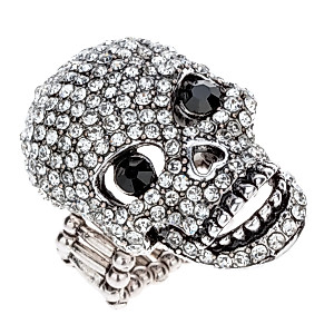 Szxc Women's Skull Stretch Ring Fit Finger Size 7 to 9, Elastic Band Ring, Moving Jaw, Silk Scarf Holder, Women Biker Jewelry