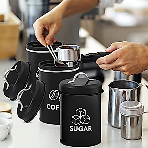 E-far Canister Sets for Kitchen Counter, 3-Piece Metal Coffee Sugar Tea Canister with Airtight Lid for Food Storage, Farmhouse Style & Small Size (6.1” x 4”)-Black
