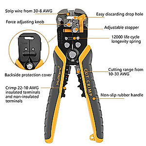 MulWark 3 in 1 Automatic Self Adjusting Wire Stripper/Cutter/Crimper, 8 Inch Multi Pliers For Electrical Wire Stripping, Cable Cutting, Crimping Tool from 8 AWG to 30 AWG