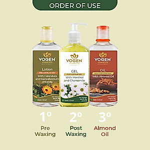 Skin Care Essentials - Before and After Hair Removal - 1 Pre Depilatory Cleanser Lotion – 1 Almond Oil Moisturizing Wax Remover - 1 Post Waxing Cooling Gel Menthol & Chamomile Body Softens & Soothing