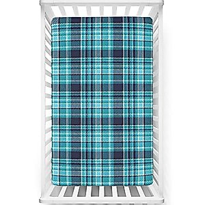 Plaid Themed Fitted Crib Sheet,Standard Crib Mattress Fitted Sheet Toddler Bed Mattress Sheets-Baby Crib Sheets for Girl or Boy,28“ x52“,Dark Blue Aqua White