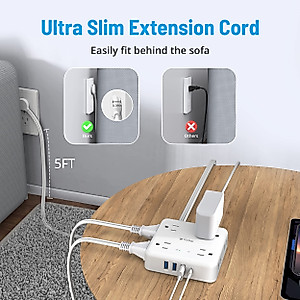 TROND Surge Protector Power Strip with USB, Ultra Thin Flat Plug Extension Cord 5ft, 8 Wide AC Outlets, 3 USB A & 1 USB C, 1440J Surge Protection for Home Office Dorm Room Essentials, White