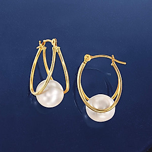 Ross-Simons 8-9mm Cultured Pearl Double-Hoop Earrings in 14kt Yellow Gold. 3/4