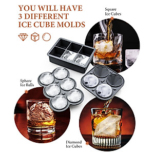 Silicone Large Ice Cube Molds (Set Of 3), 6 Ice Ball Maker Mold, 6 Square Ice Cube Mold，4 Diamond, Reusable Whiskey Ice Mold, Ice Molds for Cocktails, Bpa Free, Freezer Ice Cube Tray (Grey)