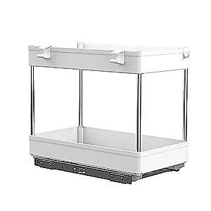SZIPJAMP White Under Sink Organiser Houseware Cabinet Basket Organizer Simple Storage Shelf with Sliding Rail White Standing Rack for Kitchen Bathroom