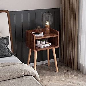 LUCKNOCK Nightstand, Mid-Century Modern Bedside Table with Solid Wood Legs, Adorable and Practical End Side Table with Open Storage Shelf, Fashion Bedroom Furniture Rustic Brown.