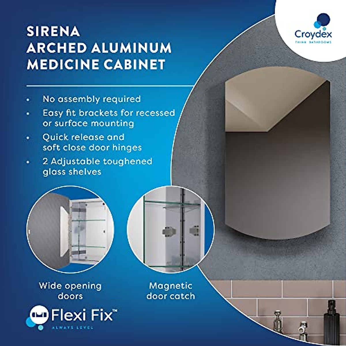 Croydex Sirena, Recessed or Surface Mount, Hang 'n' Lock Easy Installation Medicine Cabinet, 16W x 26H, Aluminum