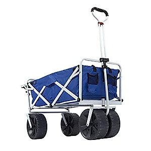MacSports All Terrain Beach Wagon with Side Table|Heavy Duty Collapsible Folding Cart with Large Wheels for Beach Day, Picnic, Camping, Outdoor Activities | Blue/White