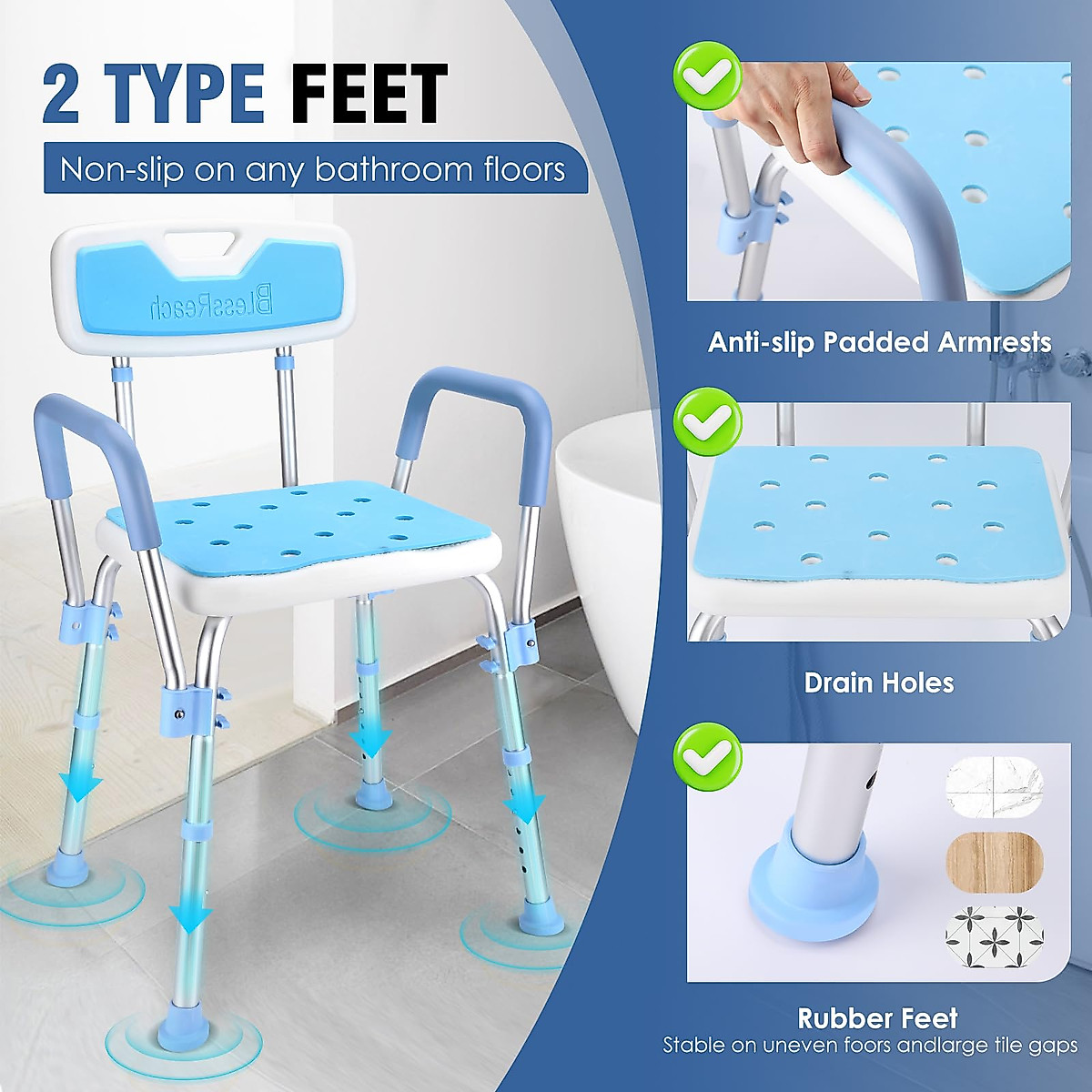 BlessReach Easily Assembled Portable Shower Chair Seat, Adjustable Shower Bench with Arms, Shower Lift Chair with Storage Bags.