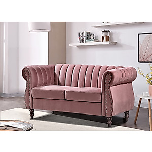 US Pride Furniture Chesterfield Rolled Arm Modern Style Fabric Rose Velvet Soft Living Room Loveseat with Removable Back Cushions & Solid Wood Support (S5644-5649) Sofas