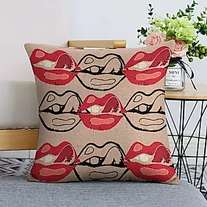 Cute Sexy Lips Throw Pillow Covers 18×18 Pillowcases Set of 1 Watercolor Red Mouth Linen Decorative Square Pillow Case Cushion Covers Standard Size for Sofa Couch Outdoor Bed Pillow Protectors