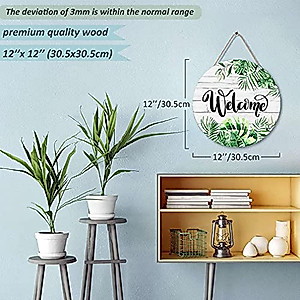 CHDITB Tropical Green Palm Leaves Welcome Sign Wall Decor(12''x12''), Botanical Plant Wooden Hanging Sign, Welcome Spring Door Sign Plaque with Palm Leaf for Home Office Farmhouse Yard Garden