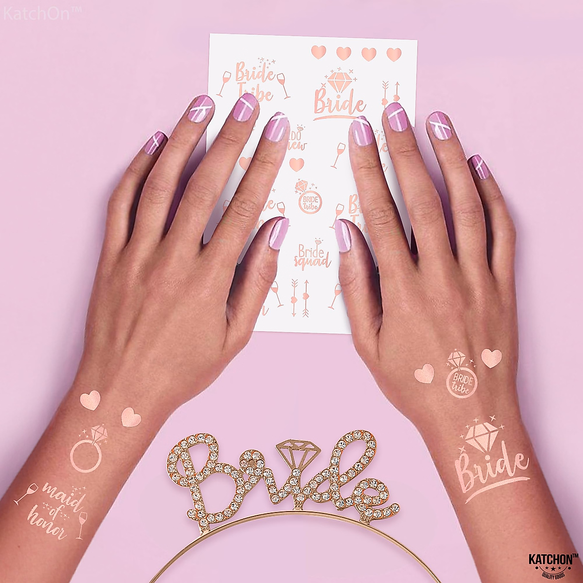 KatchOn, Bride To Be Decorations Kit - Pack of 5 | Bride To Be Sash, Headband, Tattoos, Veil | Bride Sash Bachelorette Party Decorations | Bridal Shower Decorations | Bachelorette Party Accessories