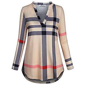 SeSe Code Work Blouses for Women, 2023 Tops for Leggings 3/4 Sleeve Fashion Tunic Checkered Business Casual Clothing Grey and Beige XXL