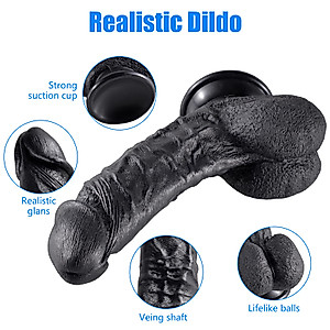 Shkanla Realistic Dildo for Beginners, Lifelike Silicone Dildo with Strong Suction Cup for Hands-Free Play, Penis for G-Spot Stimulator with Curved Shaft and Balls Anal Sex Toys for Women (Black S)