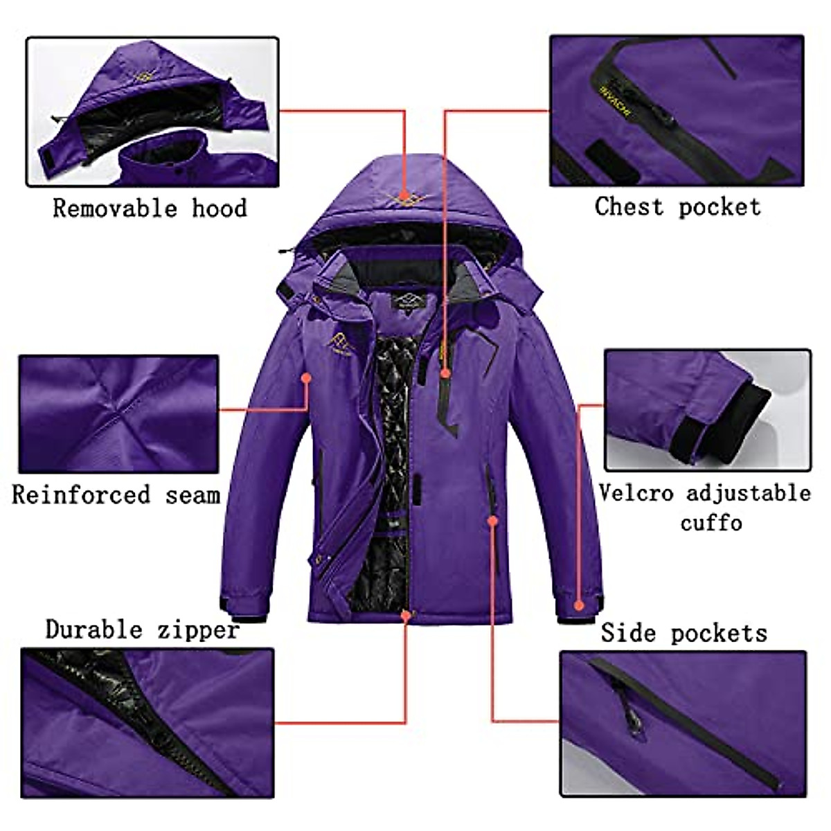 INVACHI Ladies Ski Jackets Waterproof Windproof Winter Coat With Detachable Hood