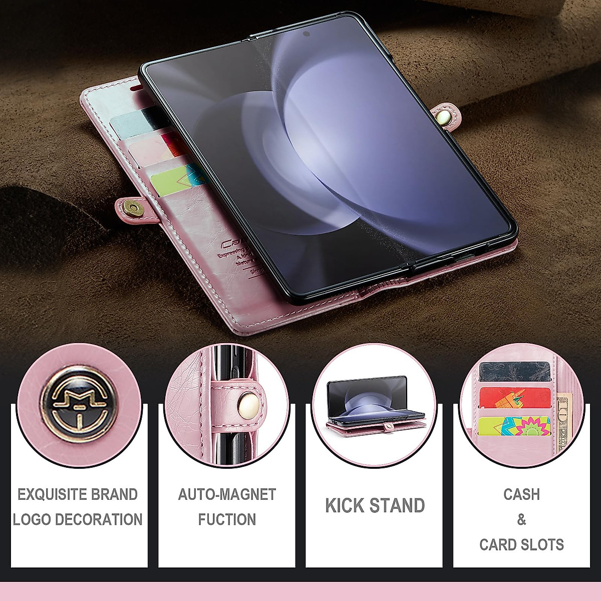 CaseMe for Samsung Galaxy Z Fold 5 5G Wallet Case,Soft PU Leather Flip Case Magnetic Stand Flip Protective Cover Leather Case with ID & Credit Card Slots Holder Case for Z Fold 5 5G (Pink)